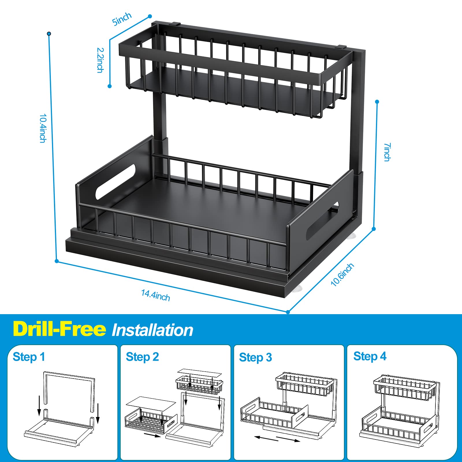 Solidhouse Under Sink Organizer, 2-Tier Under Kitchen Bathroom Sink Organizer and Storage, No Drilling Rustproof Stainless Steel Pull Out Shelf for Kitchen Bathroom (Black)