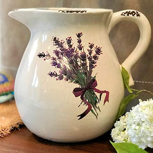 French Country Lavender Pitcher, Cottage Edition, Distressed Vintage Style, Rustic White, Worn Exposed Patches, 7 Inches Tall, Stoneware