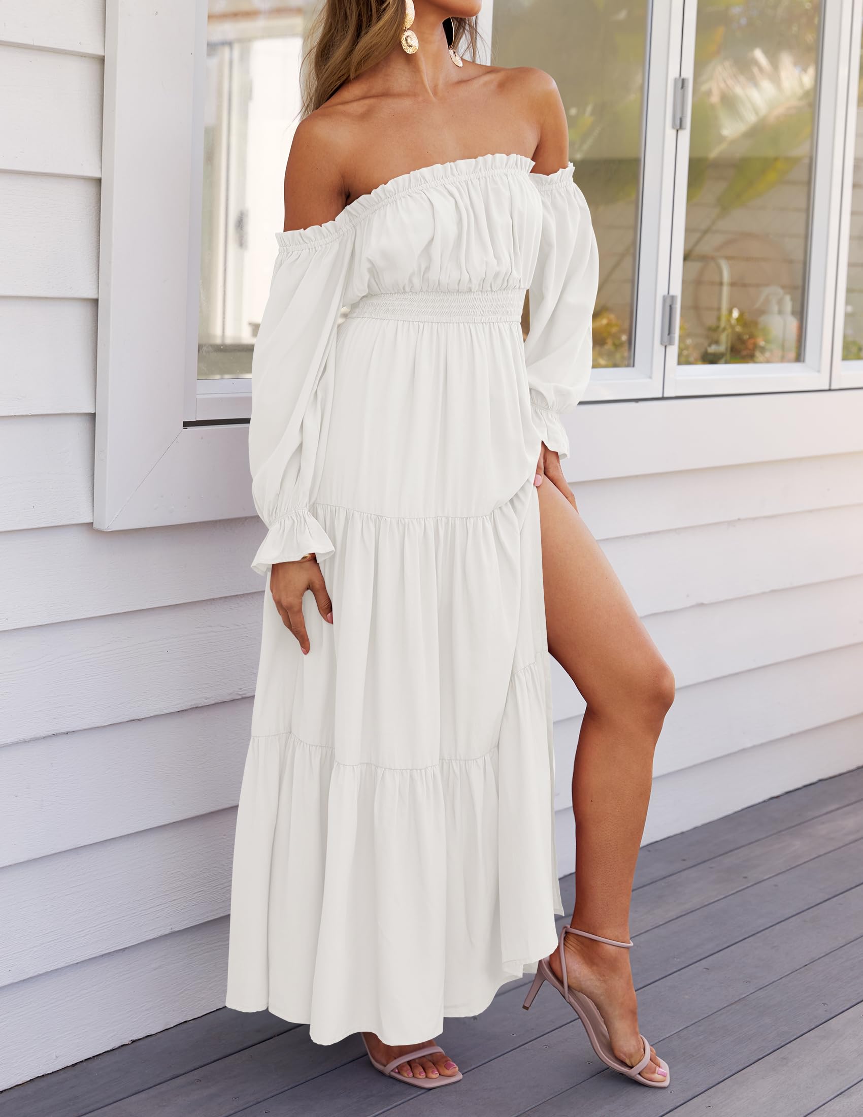 ZESICA Women's 2024 Boho Sexy Off Shoulder Long Sleeve Smocked High Waist Side Split Flowy A Line Tiered Long Maxi Dress,White,Medium