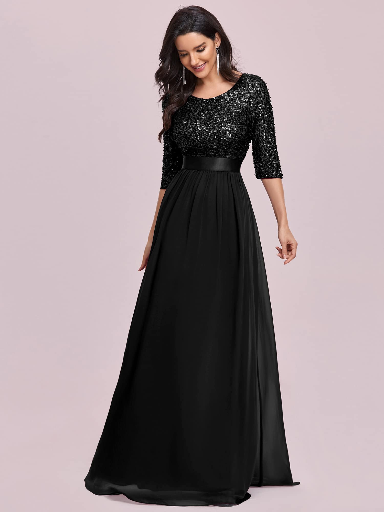 Ever-Pretty Women's Elegant A Line Crew Neck Half Sleeve Sequin Maxi Evening Dress Black US10