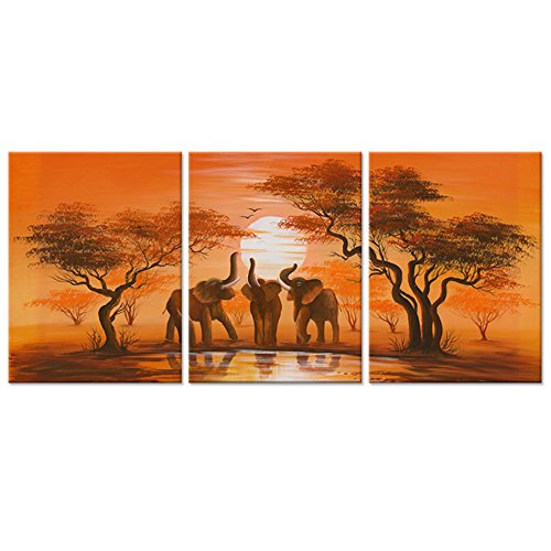 iHAPPYWALL Vintage African Elephant Canvas Wall Art African Forest Sunset Elephant Family Around Lake Landscape Painting Print On Canvas Framed and Stretched For Living Room Home Decor (12"x16"x3PCS)