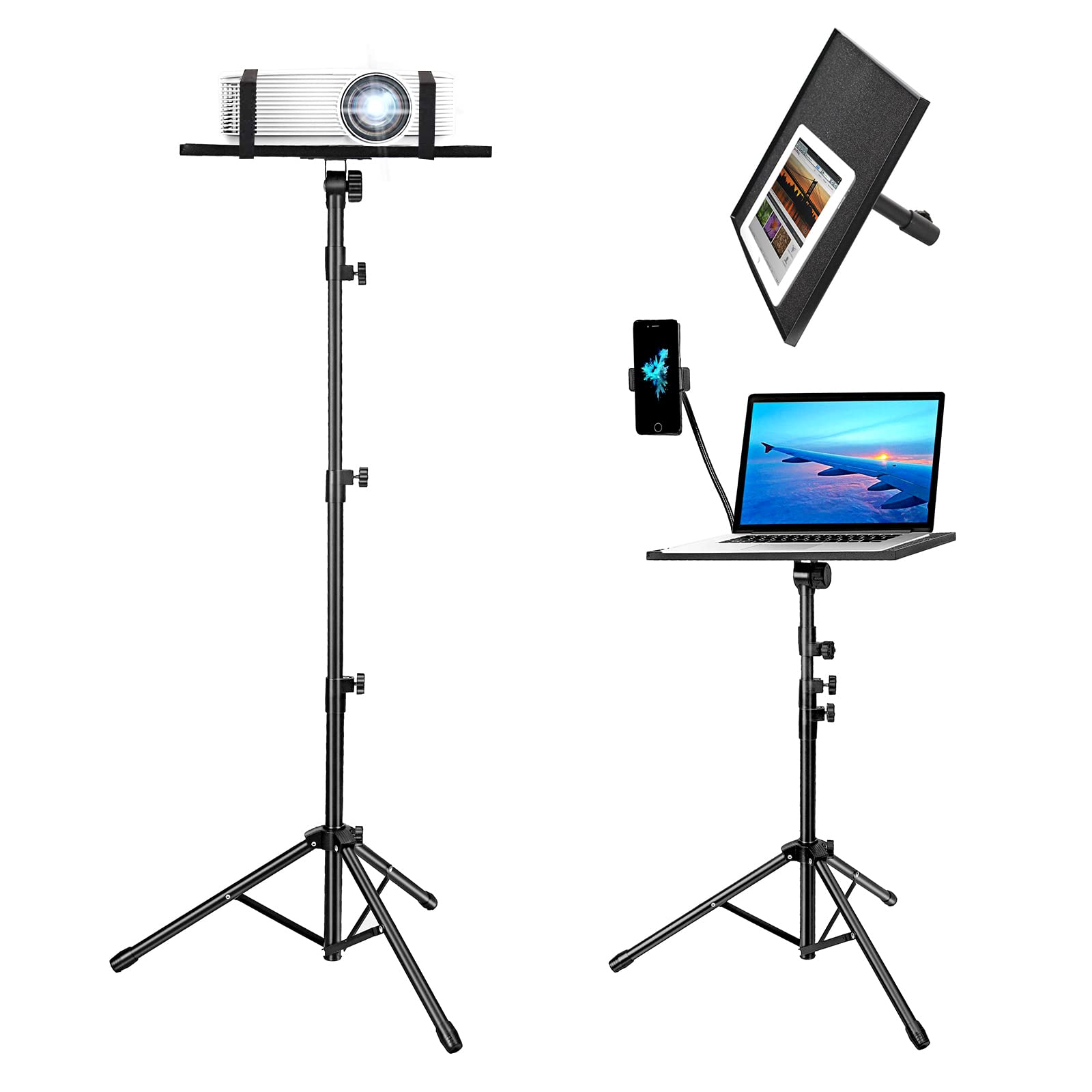 Kereal Laptop Projector Tripod Stand, Universal Portable Floor Holder Mount Stand for DJ Equipment,Office,Stage,Studio,Podium,Adjustable Height 25 to 48 Inch, with Tray and Gooseneck Phone Holder