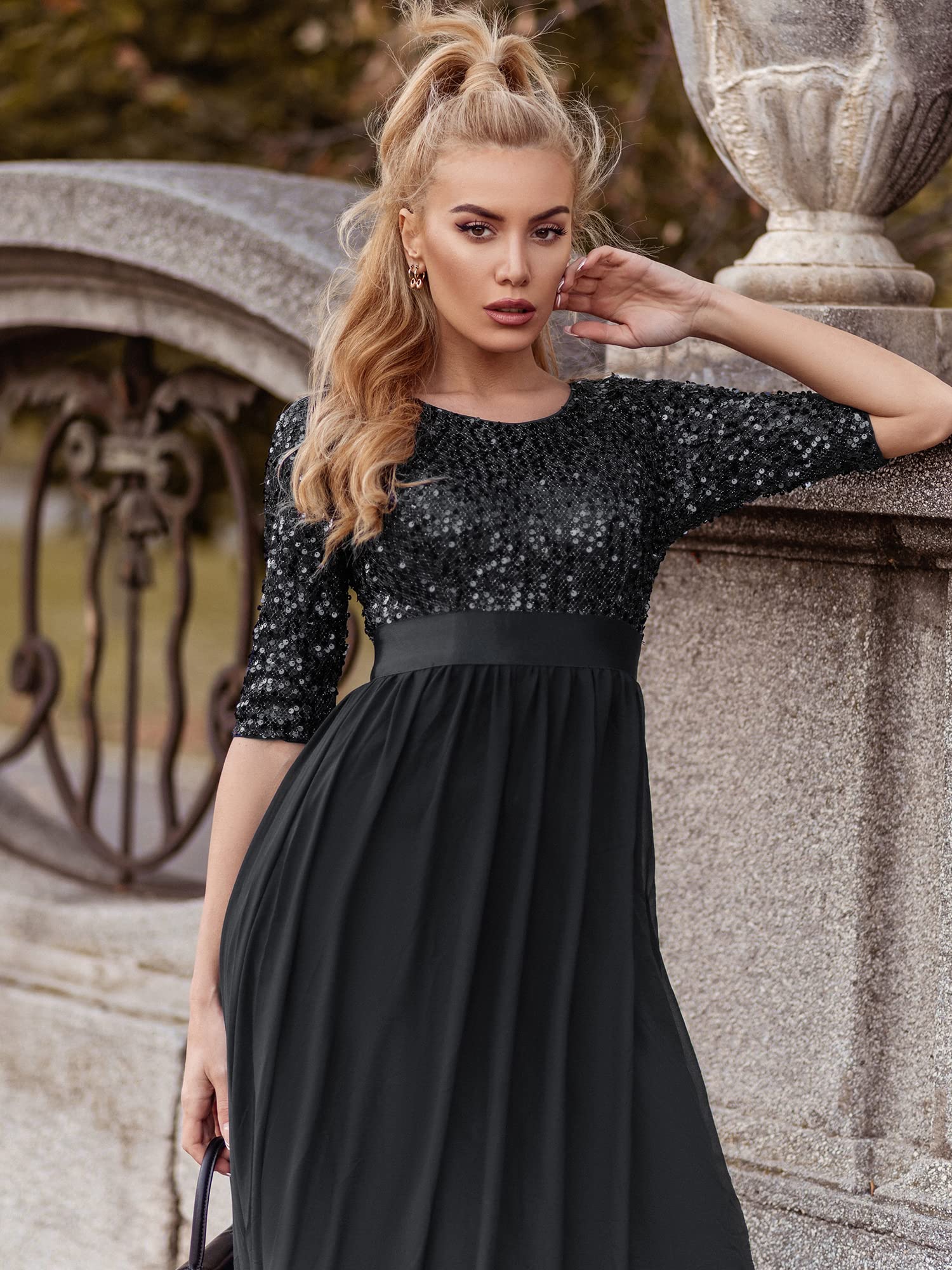 Ever-Pretty Women's Elegant A Line Crew Neck Half Sleeve Sequin Maxi Evening Dress Black US10