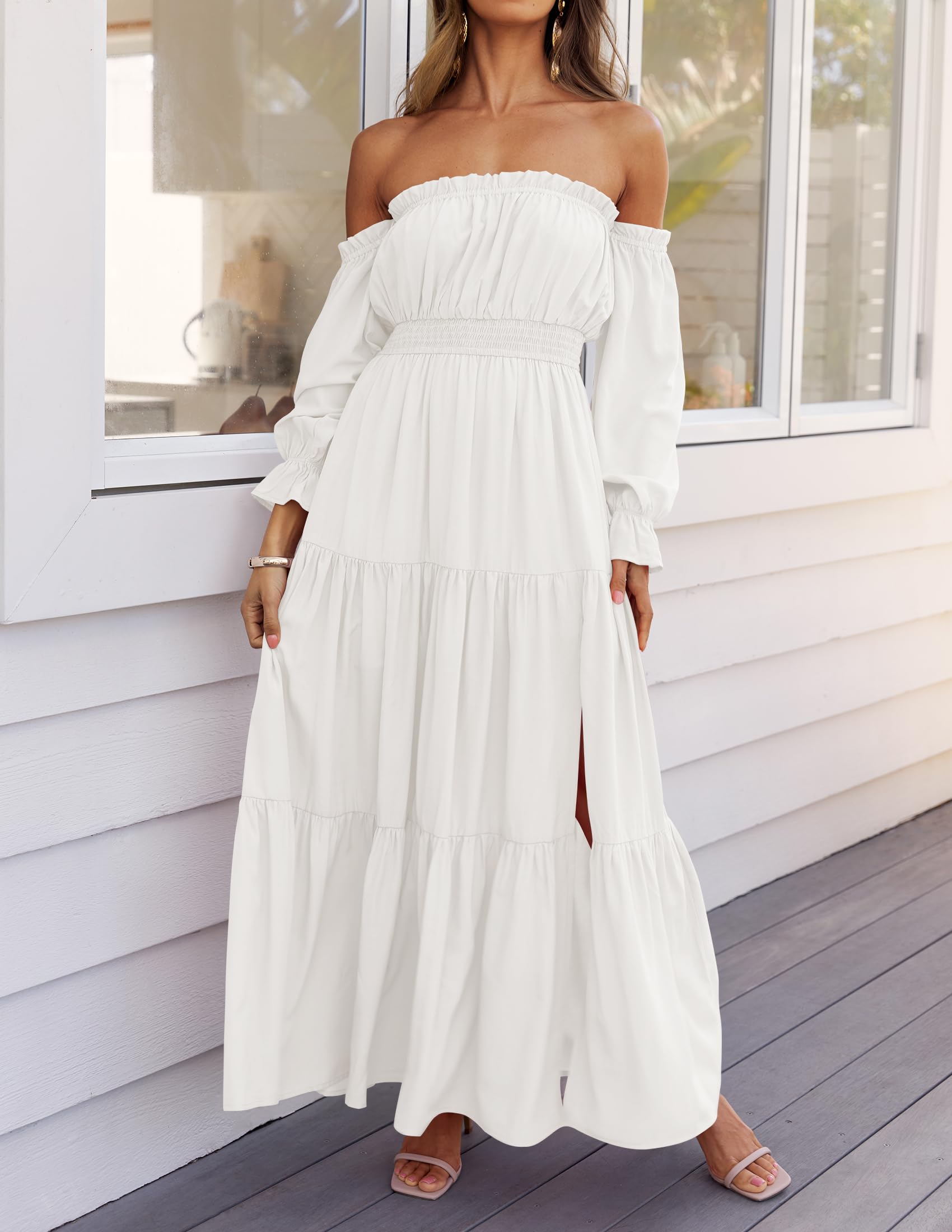 ZESICA Women's 2024 Boho Sexy Off Shoulder Long Sleeve Smocked High Waist Side Split Flowy A Line Tiered Long Maxi Dress,White,Medium