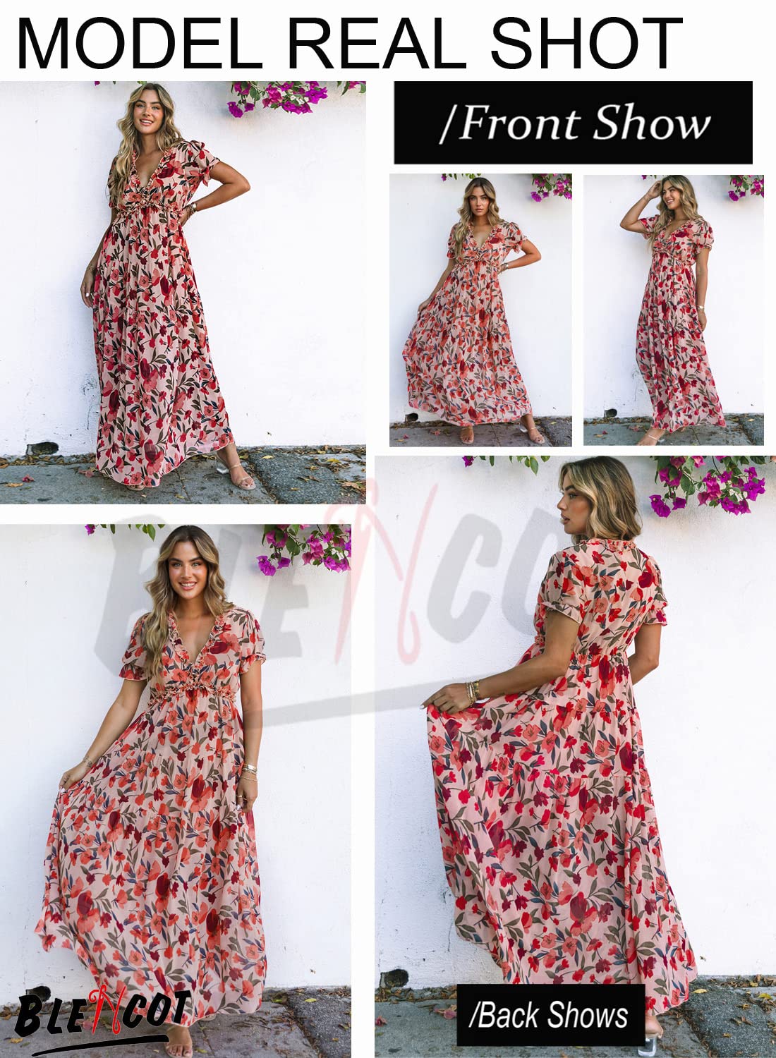 BLENCOT Women's Casual Boho Floral Printed Deep V Neck Loose Short Sleeve Long Evening Dress Ruched Cocktail Party Maxi Wedding Dress Red X-Large