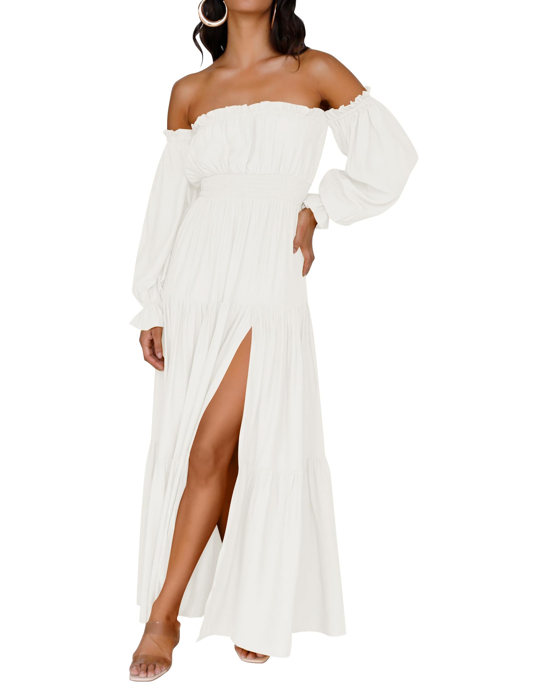 ZESICA Women's 2024 Boho Sexy Off Shoulder Long Sleeve Smocked High Waist Side Split Flowy A Line Tiered Long Maxi Dress,White,Medium