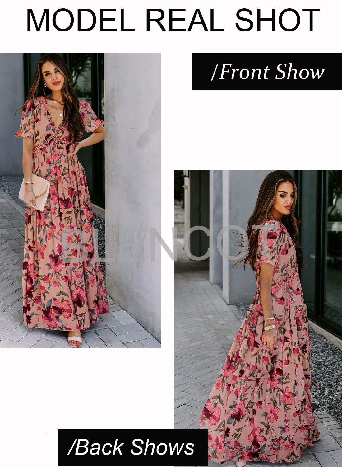 BLENCOT Women's Casual Boho Floral Printed Deep V Neck Loose Short Sleeve Long Evening Dress Ruched Cocktail Party Maxi Wedding Dress Red X-Large