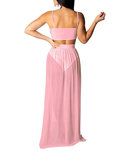 Rela Bota Women's Sexy Summer 2 Piece Maxi Chiffon Dress Crop Top Skirt Set Beachwear Pink 3X-Large
