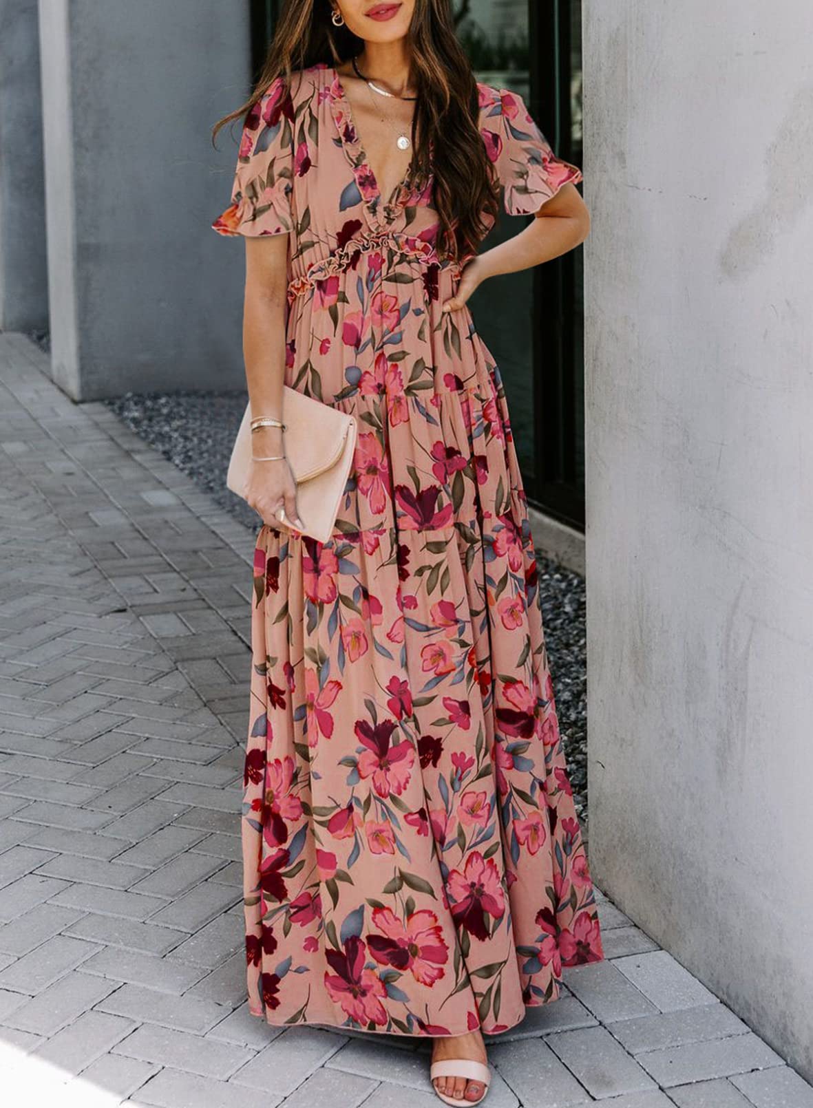 BLENCOT Women's Casual Boho Floral Printed Deep V Neck Loose Short Sleeve Long Evening Dress Ruched Cocktail Party Maxi Wedding Dress Red X-Large