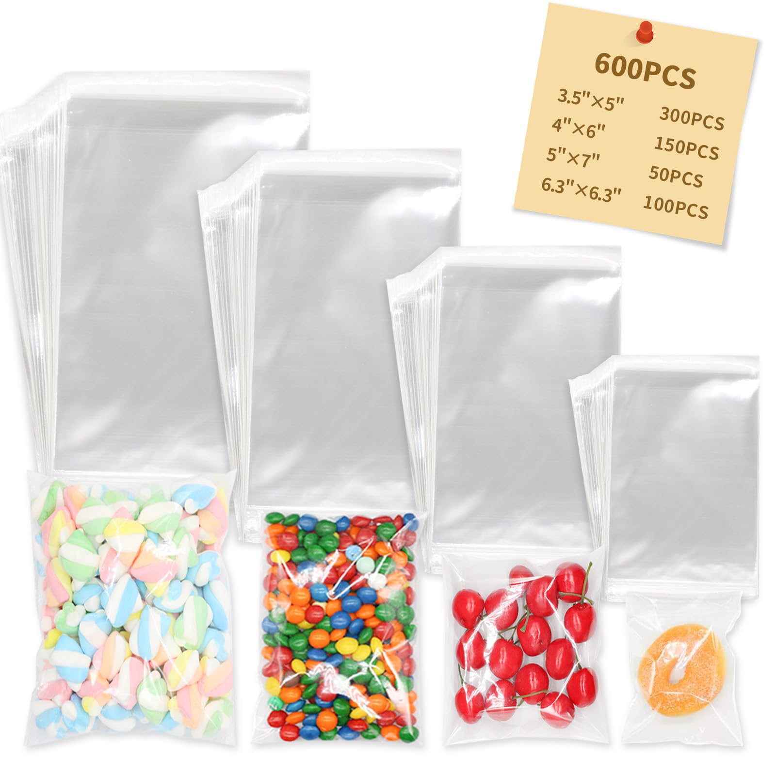 600PCS Clear Resealable Self Adhesive Cello Bags with 4 Sizes 3.5×5, 4×6, 5×7, 6.3×6.3 inch Great for Packaging Cookies, Bakery, Candies, Dessert