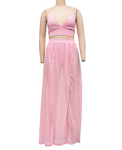 Rela Bota Women's Sexy Summer 2 Piece Maxi Chiffon Dress Crop Top Skirt Set Beachwear Pink 3X-Large