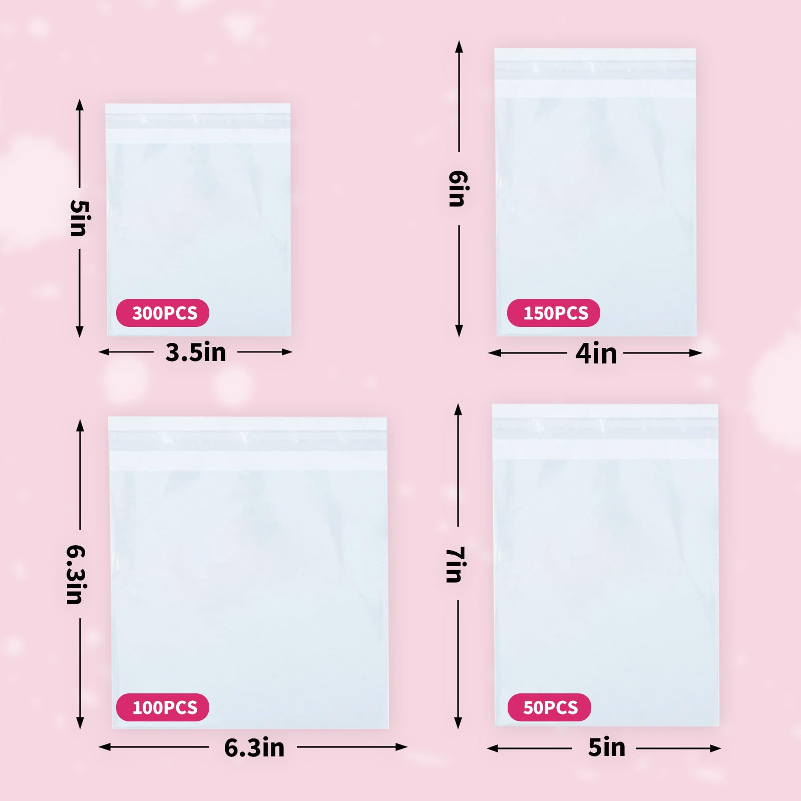 600PCS Clear Resealable Self Adhesive Cello Bags with 4 Sizes 3.5×5, 4×6, 5×7, 6.3×6.3 inch Great for Packaging Cookies, Bakery, Candies, Dessert