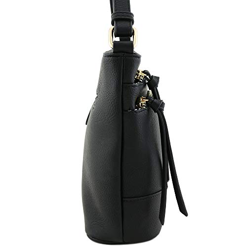 FashionPuzzle Triple Zipper Pocket Medium Crossbody Bag (Black)