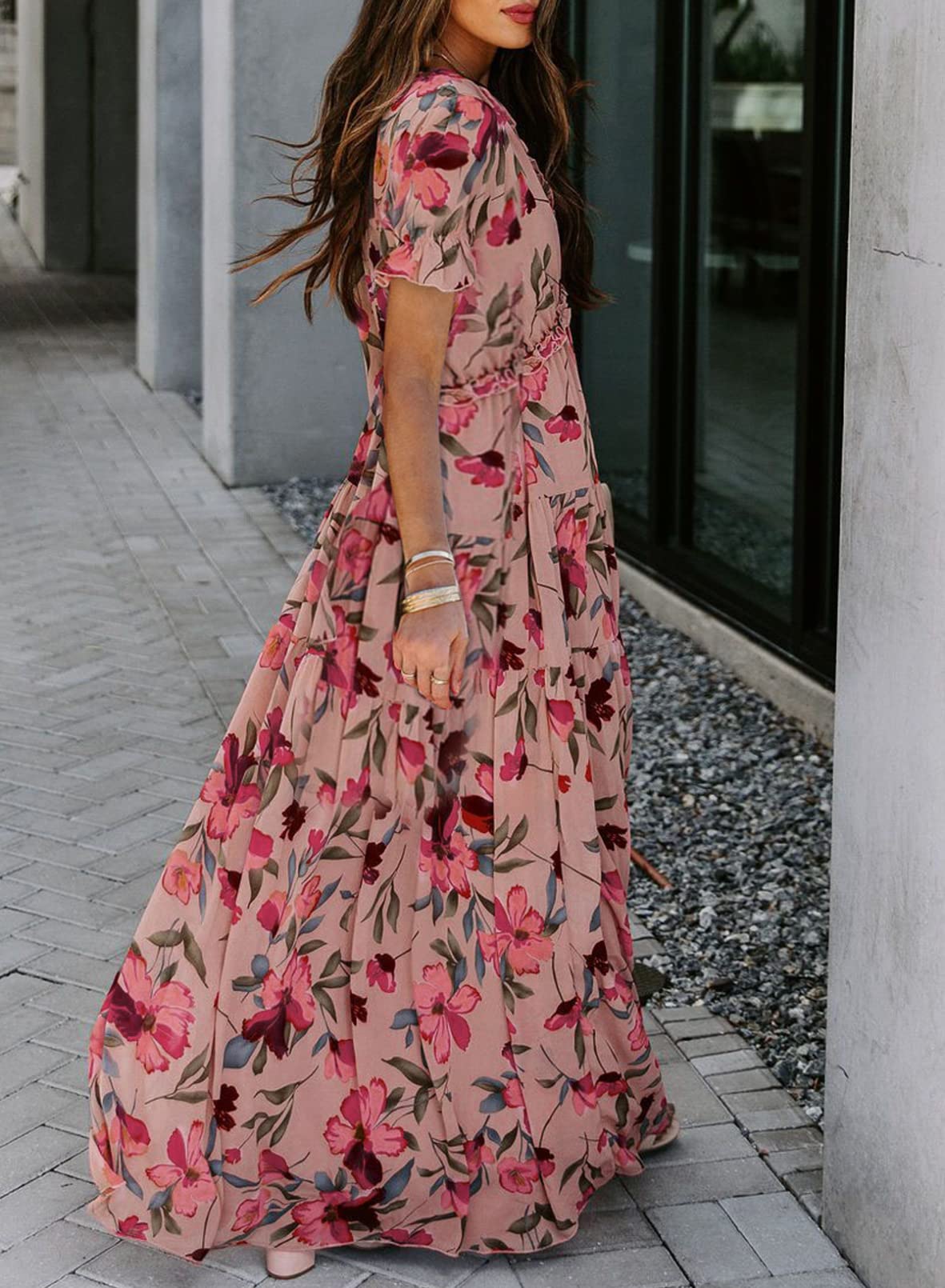 BLENCOT Women's Casual Boho Floral Printed Deep V Neck Loose Short Sleeve Long Evening Dress Ruched Cocktail Party Maxi Wedding Dress Red X-Large