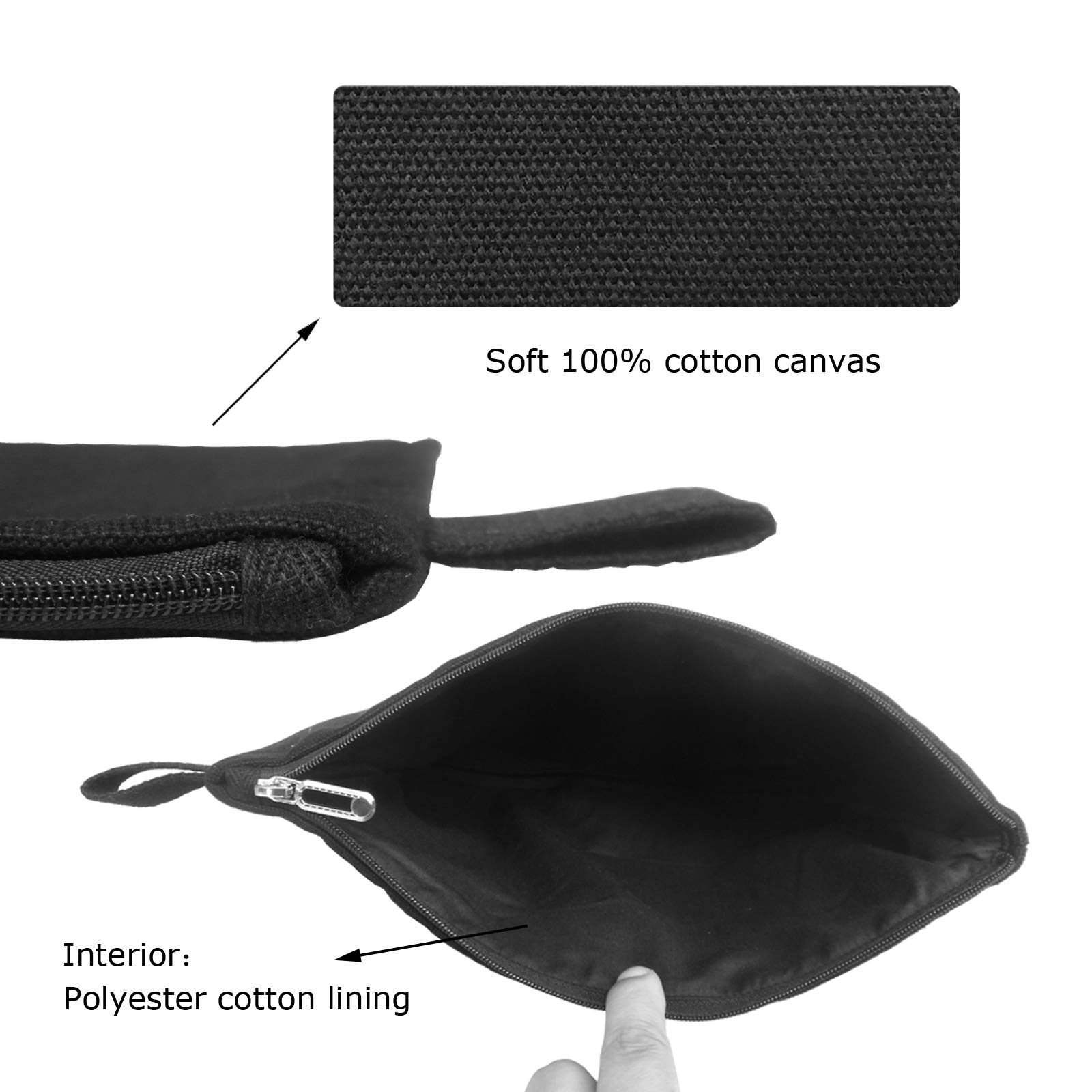 Enyuwlcm 100% Cotton Canvas Makeup Pouch with Zipper Simple Large Pencil Bag for Stationery Daily Necessities Black