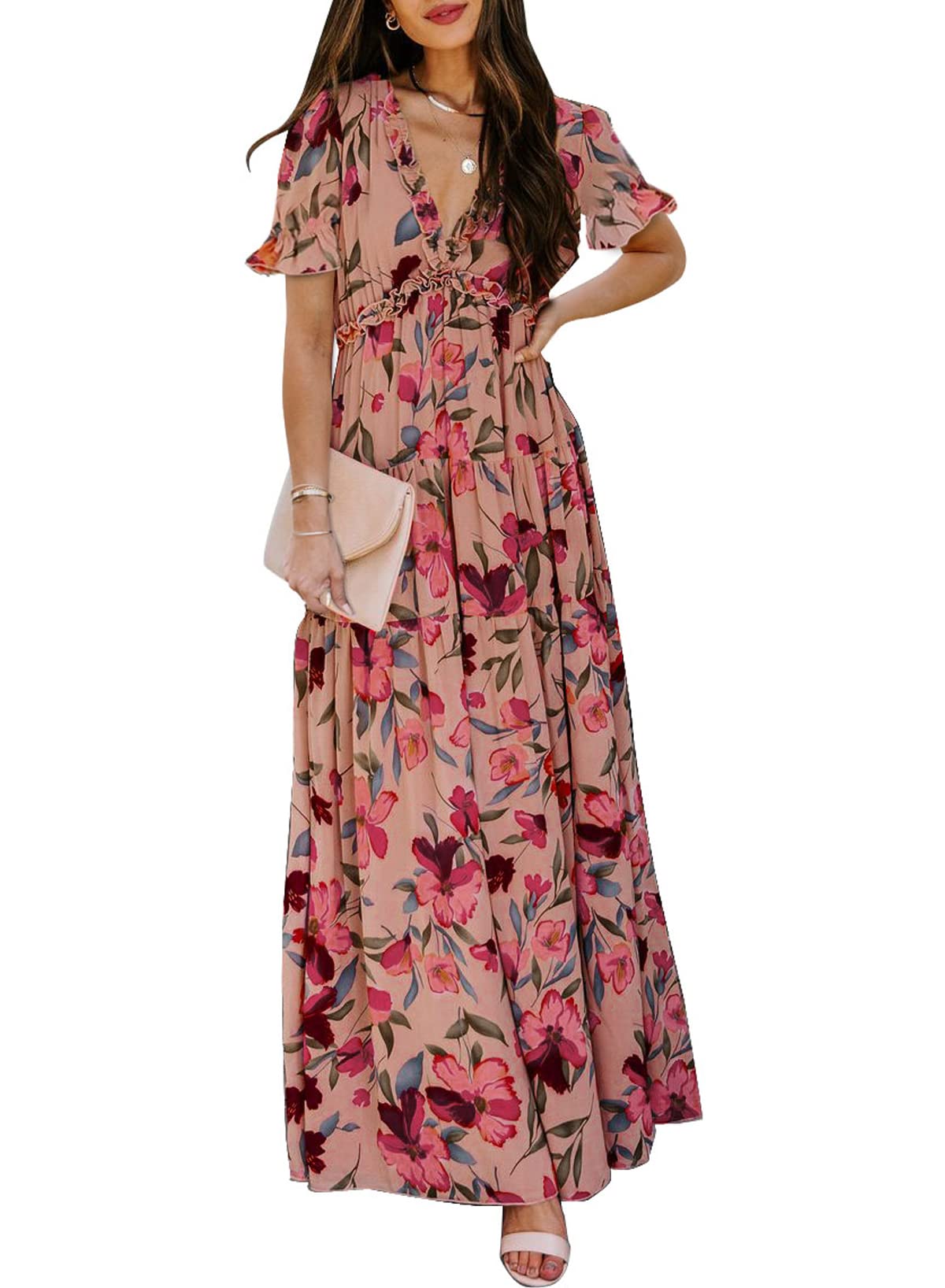 BLENCOT Women's Casual Boho Floral Printed Deep V Neck Loose Short Sleeve Long Evening Dress Ruched Cocktail Party Maxi Wedding Dress Red X-Large