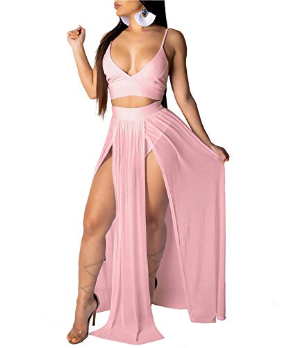 Rela Bota Women's Sexy Summer 2 Piece Maxi Chiffon Dress Crop Top Skirt Set Beachwear Pink 3X-Large