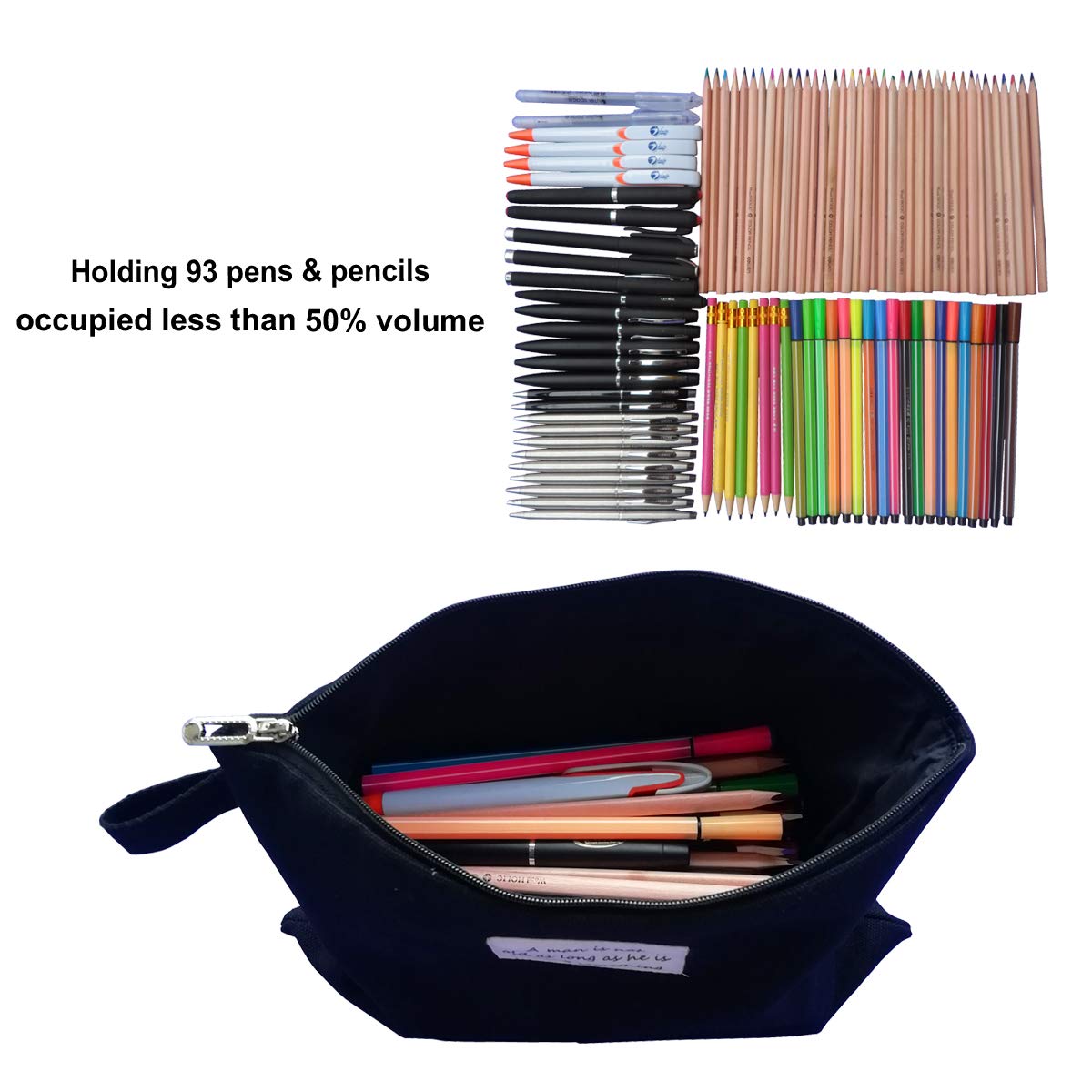 Enyuwlcm 100% Cotton Canvas Makeup Pouch with Zipper Simple Large Pencil Bag for Stationery Daily Necessities Black