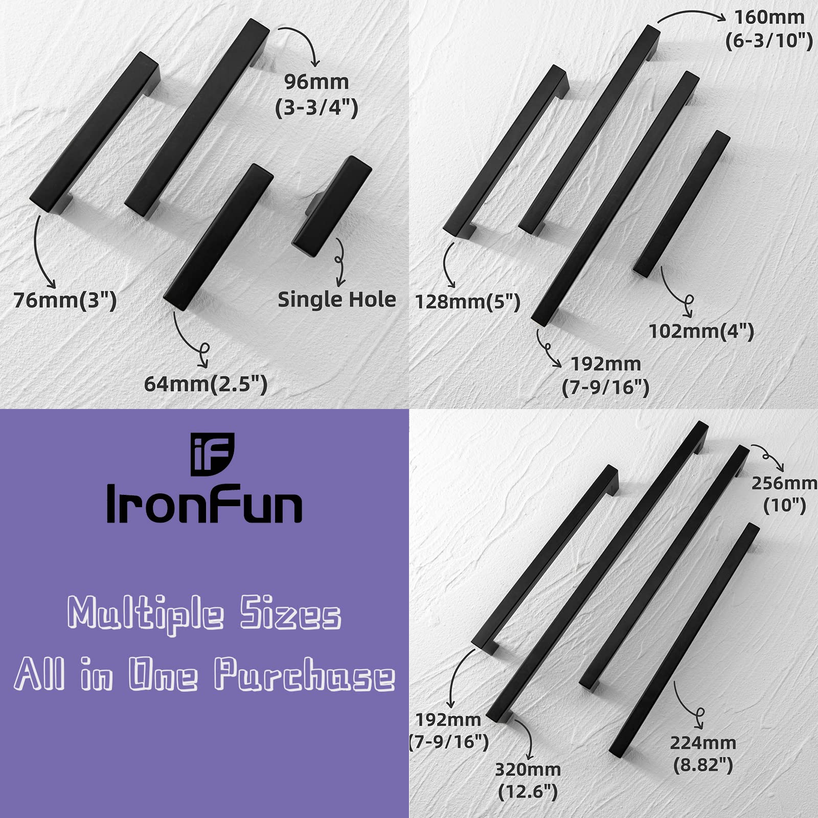 IronFun 6-Pack|12-3/5 Inch Black Cabinet Pulls Handles for Kitchen Extra Long, Dresser Drawer Pulls Handles Modern Euro Style,Square Stainless Steel T Bar Pulls Knobs 12.6 in