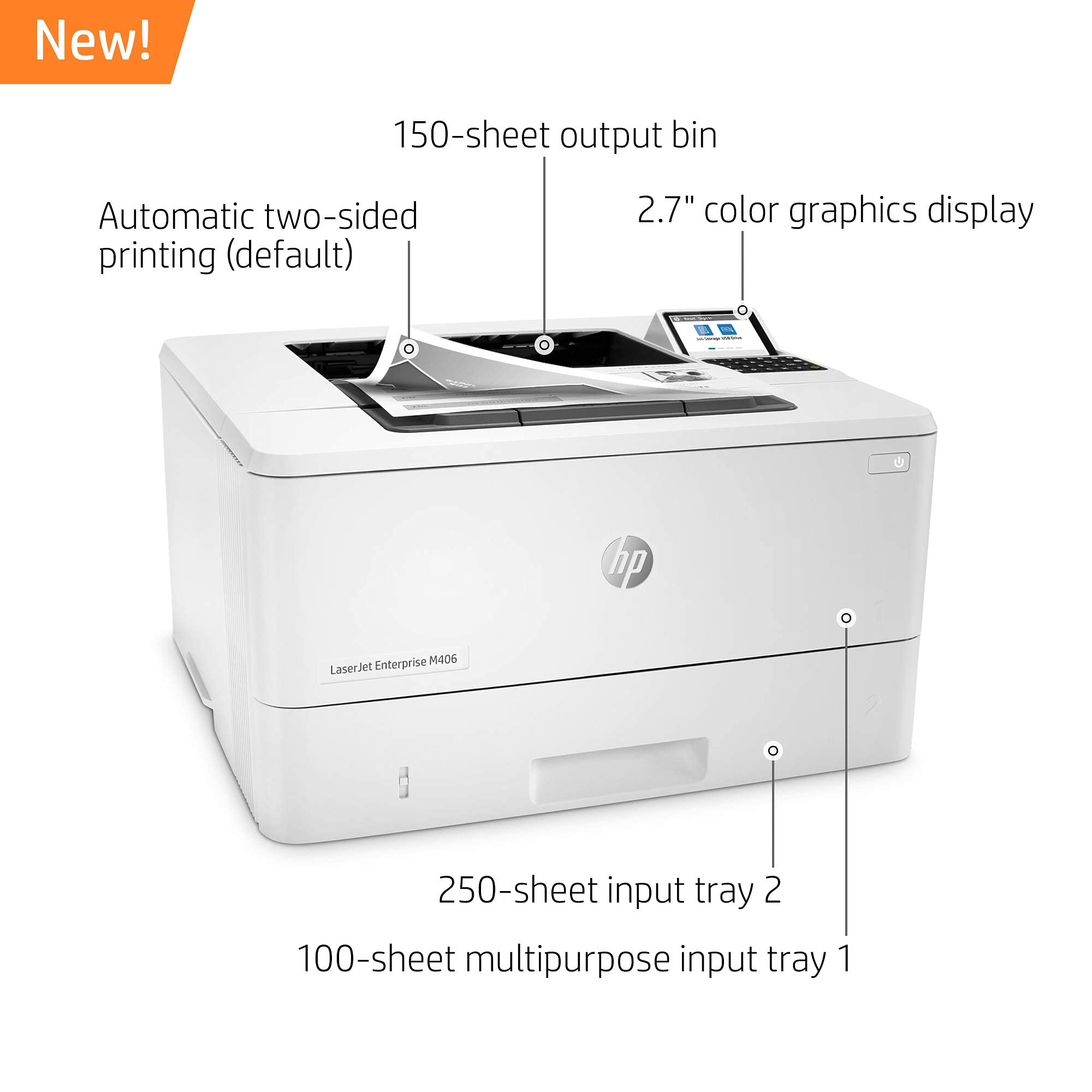 HP LaserJet Enterprise M406dn Monochrome Duplex Printer (3PZ15A) (Renewed)