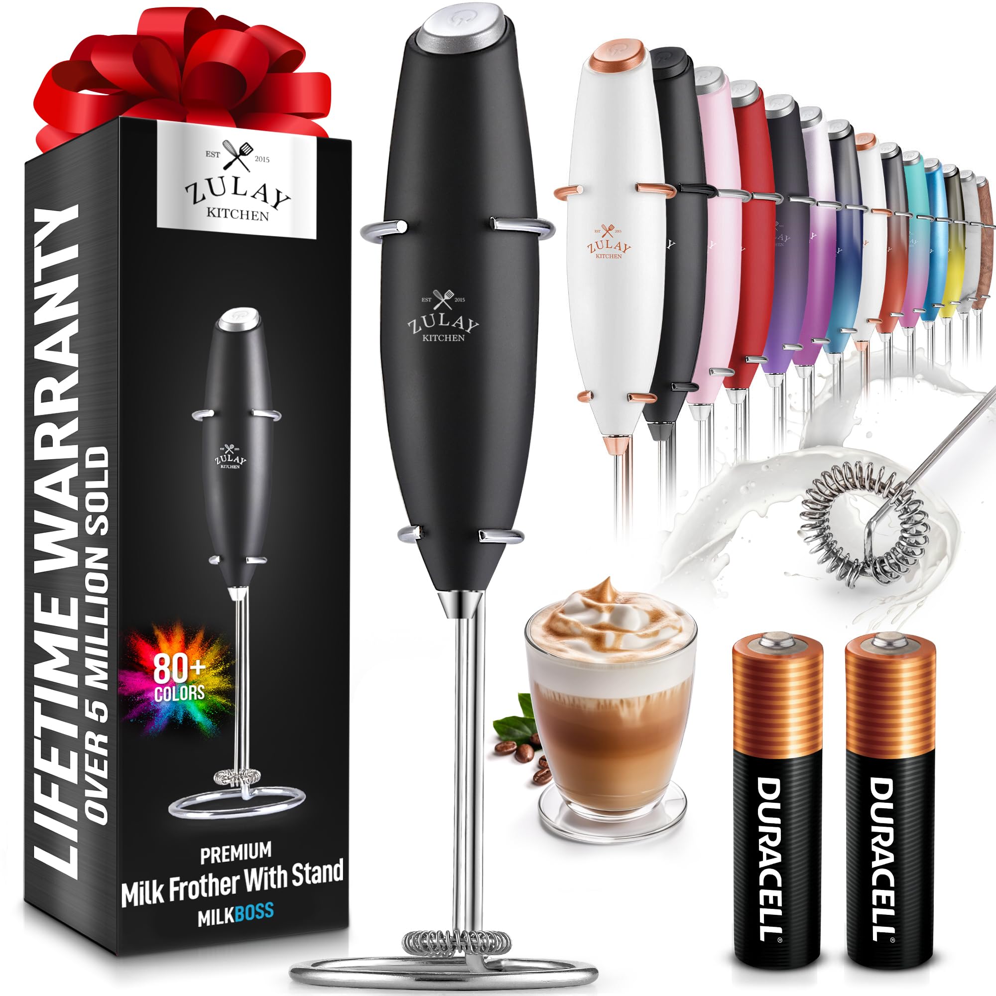 Zulay Original Milk Frother Handheld Foam Maker for Lattes - Whisk Drink Mixer for Coffee, Mini Foamer for Cappuccino, Frappe, Matcha, Hot Chocolate by Milk Boss (Black)