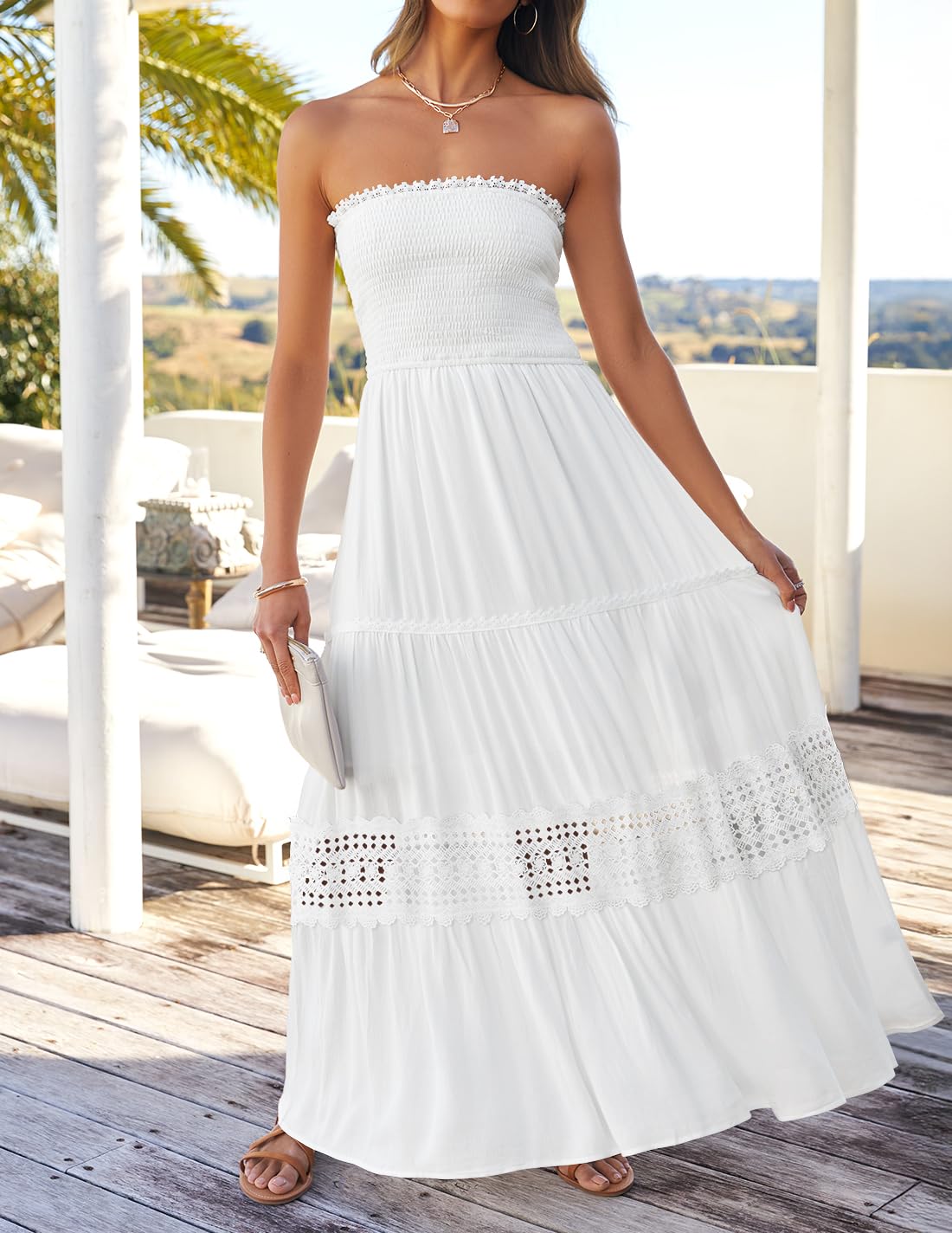 ZESICA Women's 2024 Summer Bohemian Strapless Off Shoulder Lace Trim Backless Flowy A Line Beach Long Maxi Dress,White,Small