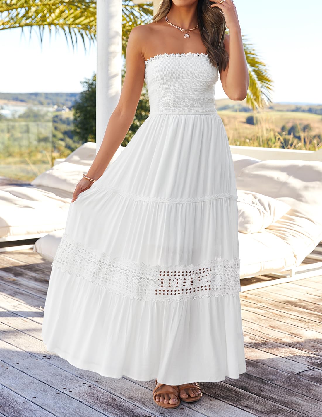 ZESICA Women's 2024 Summer Bohemian Strapless Off Shoulder Lace Trim Backless Flowy A Line Beach Long Maxi Dress,White,Small