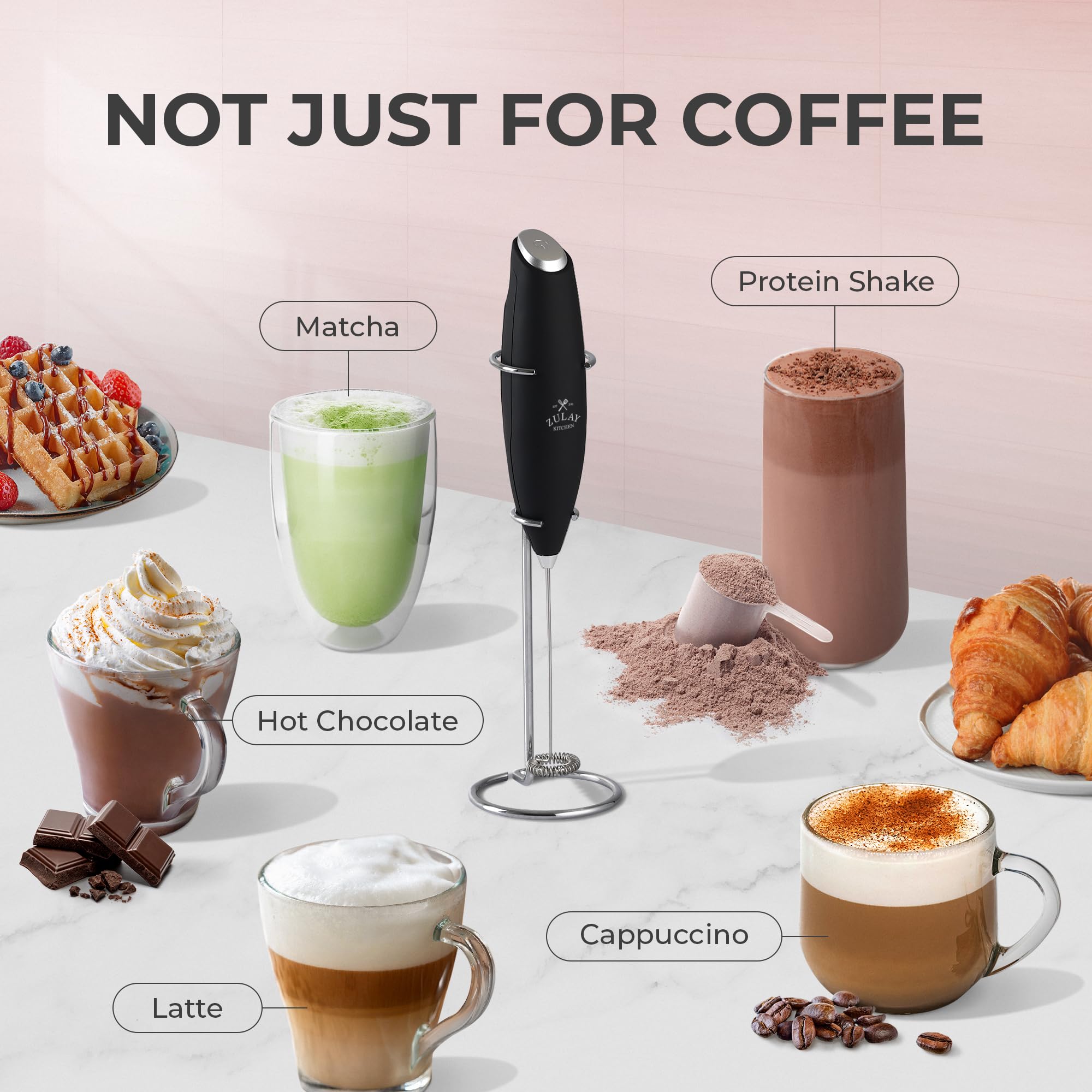 Zulay Original Milk Frother Handheld Foam Maker for Lattes - Whisk Drink Mixer for Coffee, Mini Foamer for Cappuccino, Frappe, Matcha, Hot Chocolate by Milk Boss (Black)