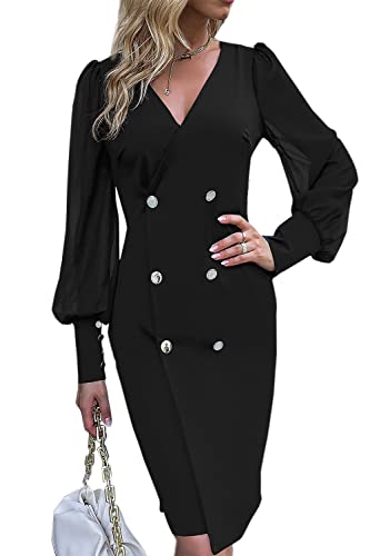 Umenlele Women's Elegant Wrap V Neck Lantern Long Sleeve Double Breasted Blazer Bodycon Pencil Short Mini Dress Black Small