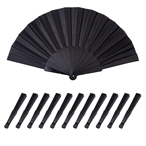 HUNANBANG HNB 1 Dozen 12 Pieces Folding Hand Fans Japanese Chinese Vintage Fans for Dancing Cosplay Wedding Party Decoration Gift Size 9" Wholesale (Black 12 Pack)