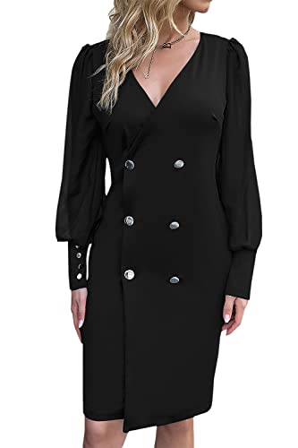 Umenlele Women's Elegant Wrap V Neck Lantern Long Sleeve Double Breasted Blazer Bodycon Pencil Short Mini Dress Black Small