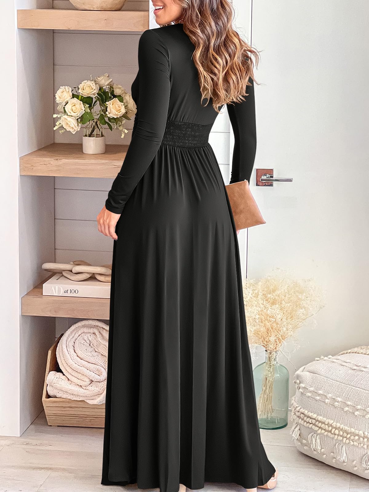 ANRABESS Women Deep V Neck Long Sleeve Slit 2024 Fall Elegant Formal Wedding Guest Cocktail Evening Date Prom Maxi Long Dress Black Large