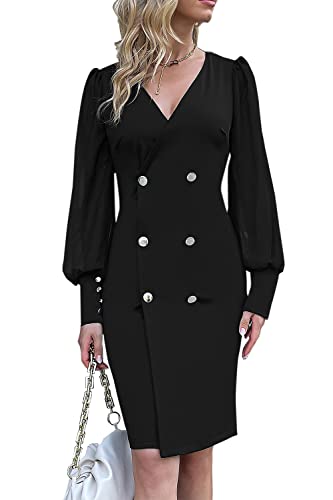 Umenlele Women's Elegant Wrap V Neck Lantern Long Sleeve Double Breasted Blazer Bodycon Pencil Short Mini Dress Black Small