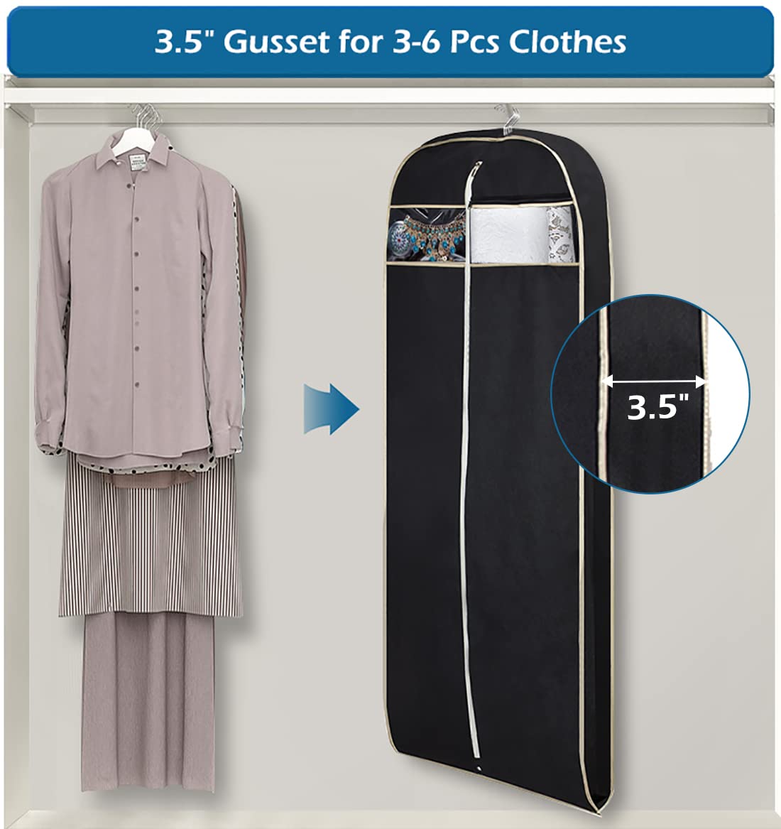 MISSLO Gusseted 60" Suit Dress Garment Bag with Clear Window Zipper Pocket Long Garment Cover (Black)