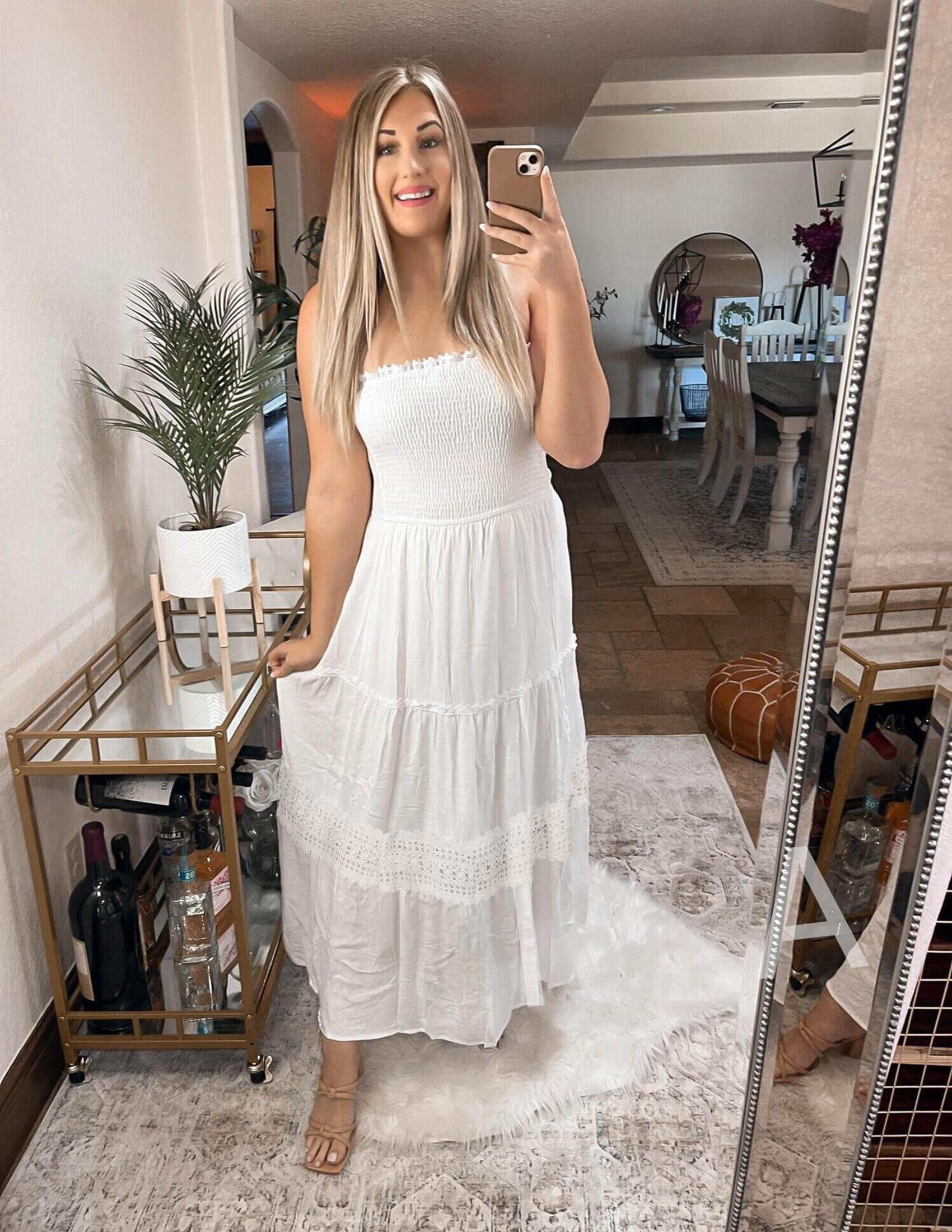ZESICA Women's 2024 Summer Bohemian Strapless Off Shoulder Lace Trim Backless Flowy A Line Beach Long Maxi Dress,White,Small