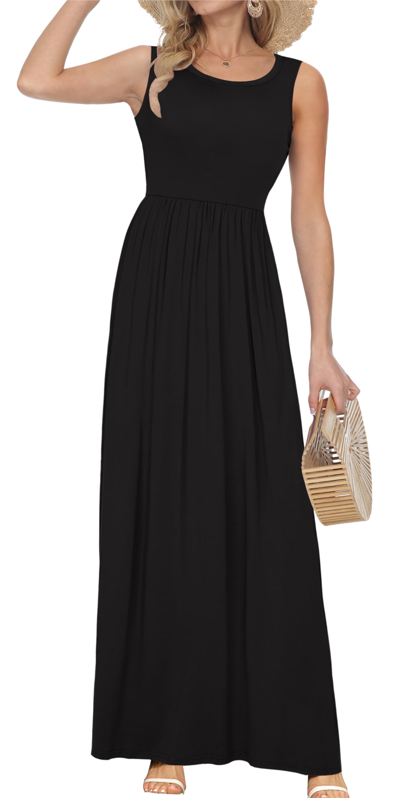 AUSELILY Women's Summer Sleeveless Loose Maxi Dress Casual Long Dresses with Pockets 2025 New Black L
