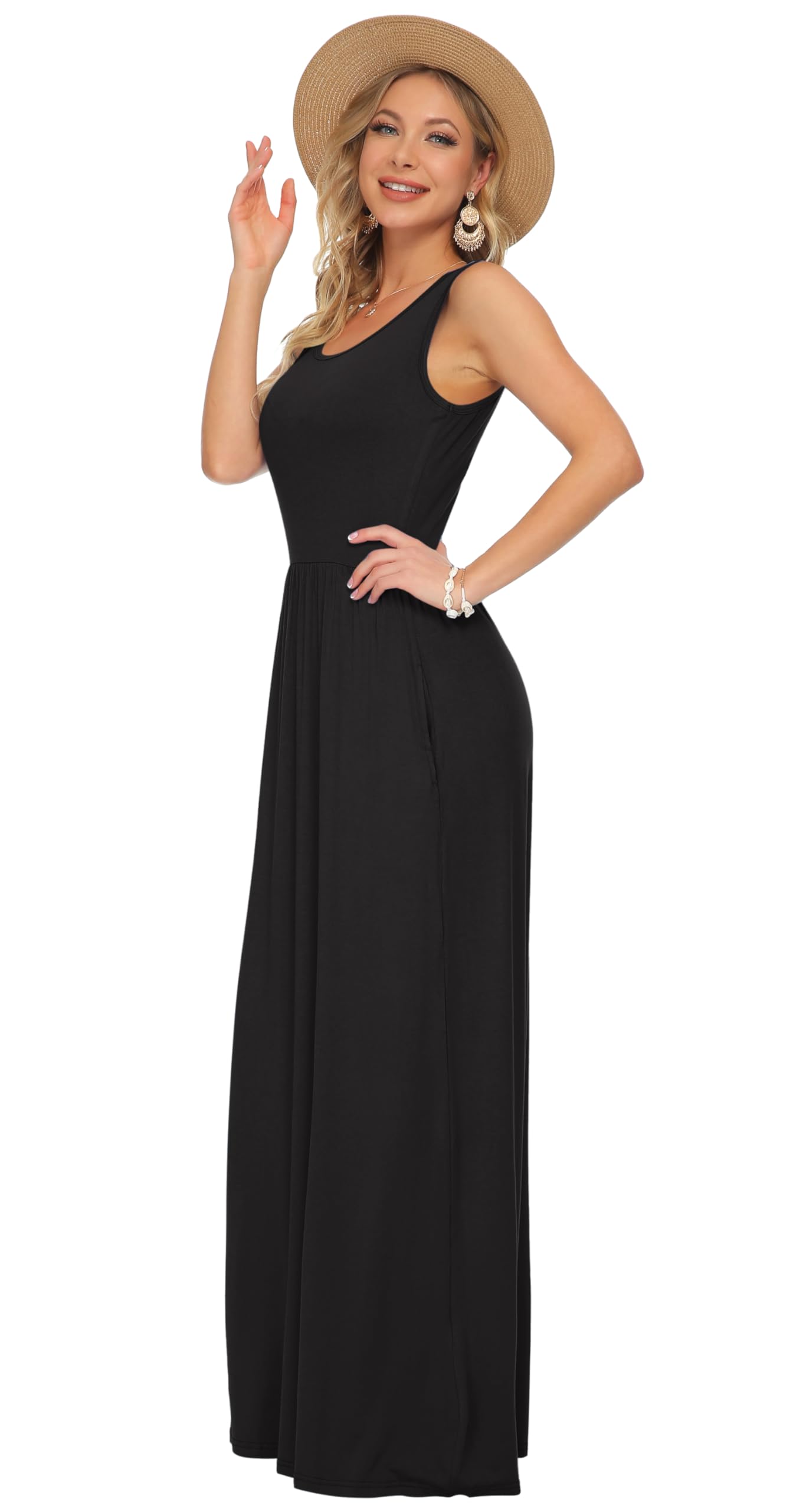 AUSELILY Women's Summer Sleeveless Loose Maxi Dress Casual Long Dresses with Pockets 2025 New Black L