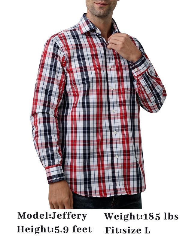 Double Pump Mens Button Down Long Sleeve Shirts Regular Fit Dress Shirts Business Casual Plaid Shirts-(18TC02-XL)