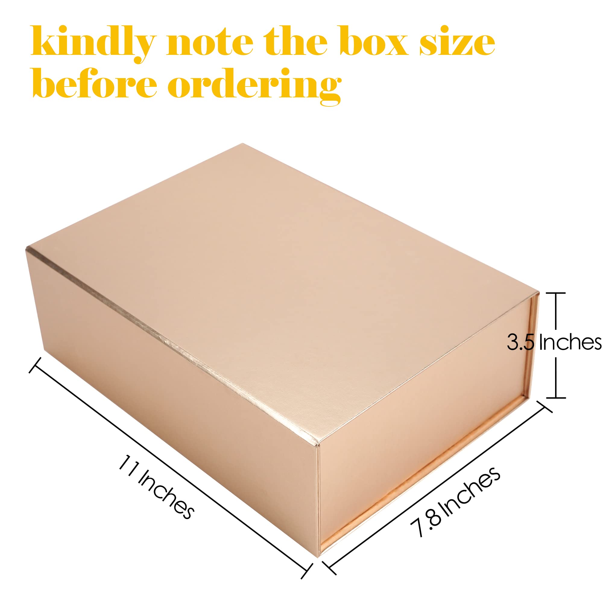 HUIHUANG Rose Gold Luxury Gift Boxes with Lids Bridesmaid Proposal Box Collapsible 11 x 7.8 x 3.5 In Magnetic Closure Collapsible Gift Boxes for Presents with Card,Ribbon,Shredded Paper Filler-1 Pack