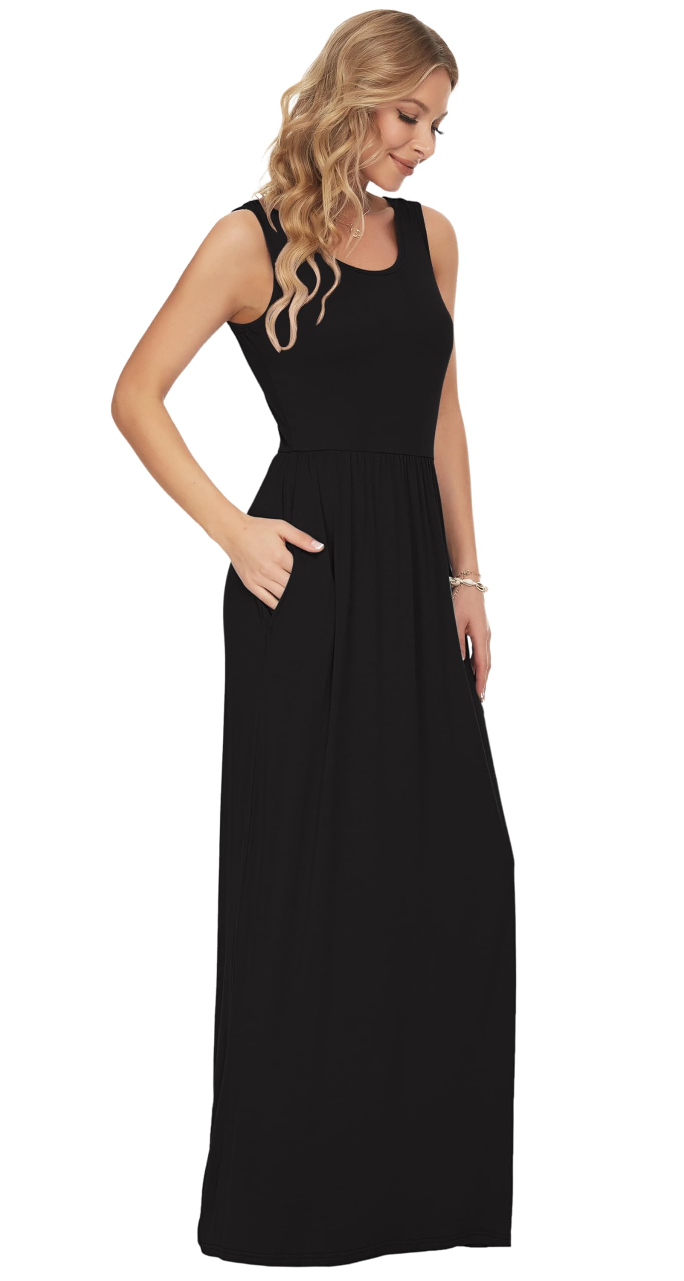 AUSELILY Women's Summer Sleeveless Loose Maxi Dress Casual Long Dresses with Pockets 2025 New Black L