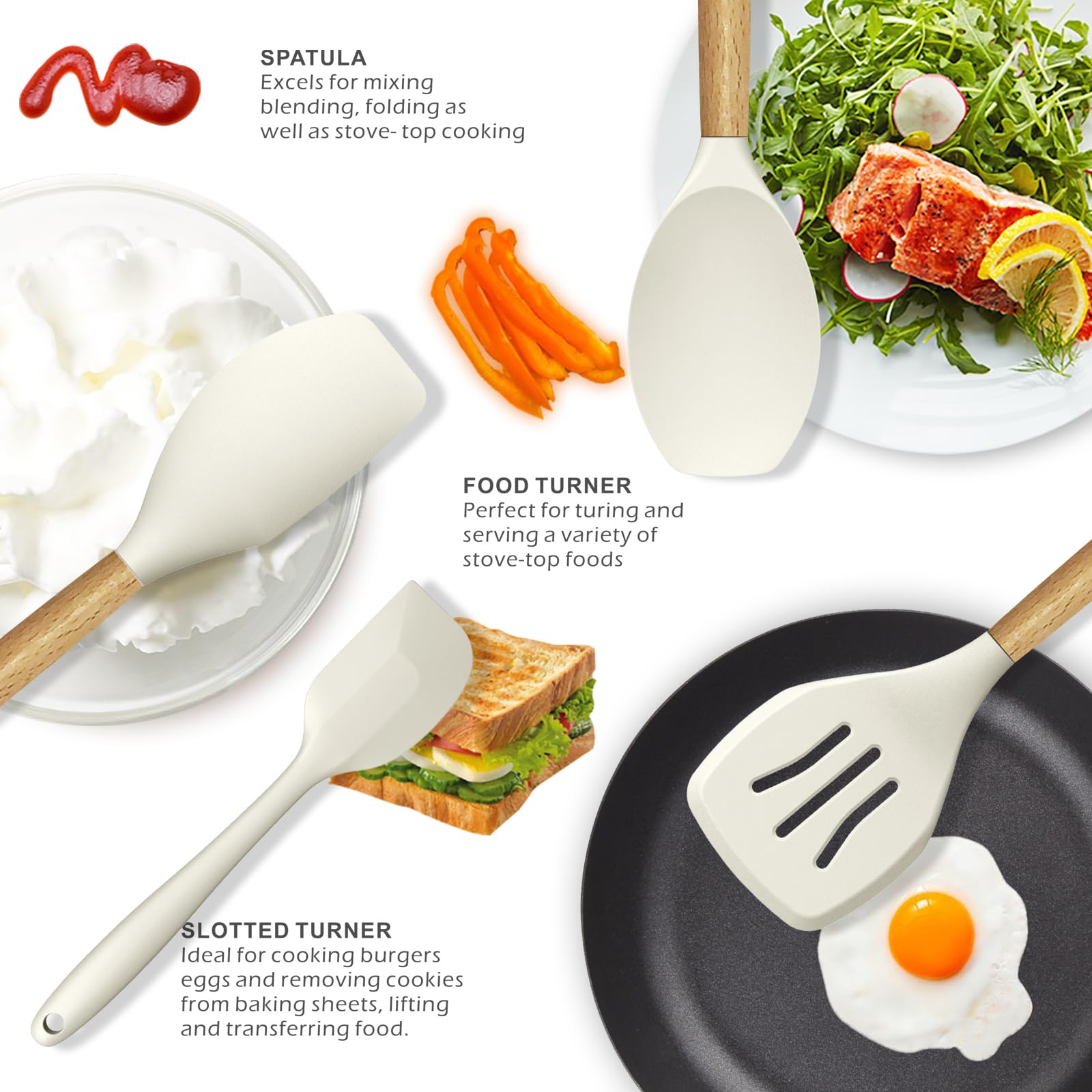 14 Pcs Silicone Cooking Utensils Kitchen Utensil Set - 446°F Heat Resistant,Turner Tongs, Spatula, Spoon, Brush, Whisk, Wooden Handle Kitchen Gadgets with Holder for Nonstick Cookware (BPA Free Khaki)