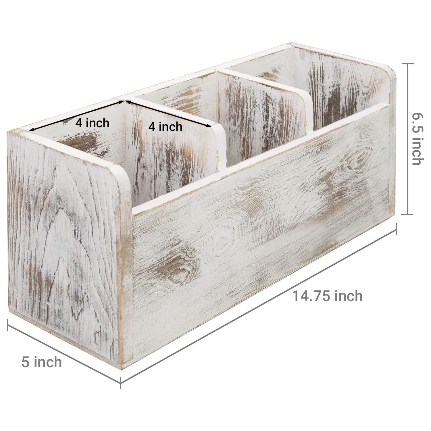 MyGift Whitewashed Wood Utensil Holder, Wooden Silverware Flatware Caddy with 3 Compartments, Countertop Cooking Utensil Storage Crock