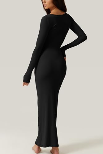 QINSEN Long Dresses for Women Sexy Square Neck Long Sleeve Bodycon Maxi Dress Black M