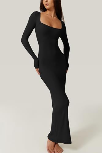 QINSEN Long Dresses for Women Sexy Square Neck Long Sleeve Bodycon Maxi Dress Black M