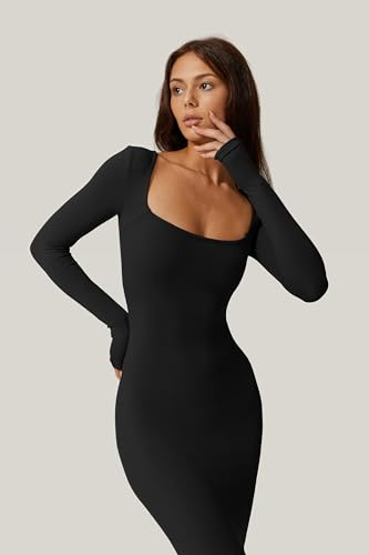 QINSEN Long Dresses for Women Sexy Square Neck Long Sleeve Bodycon Maxi Dress Black M