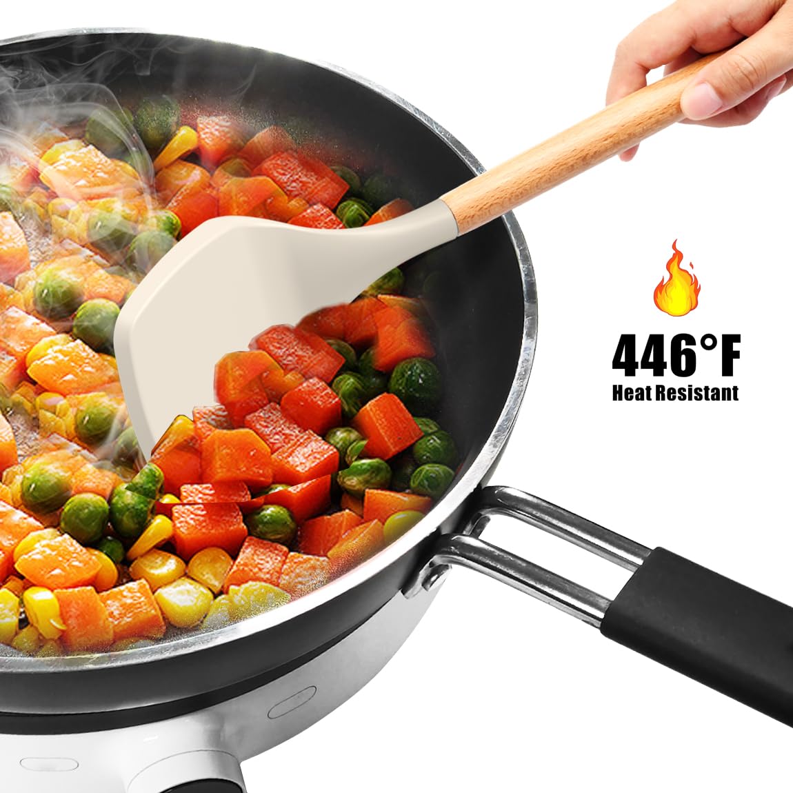 14 Pcs Silicone Cooking Utensils Kitchen Utensil Set - 446°F Heat Resistant,Turner Tongs, Spatula, Spoon, Brush, Whisk, Wooden Handle Kitchen Gadgets with Holder for Nonstick Cookware (BPA Free Khaki)