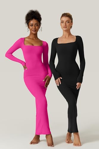 QINSEN Long Dresses for Women Sexy Square Neck Long Sleeve Bodycon Maxi Dress Black M