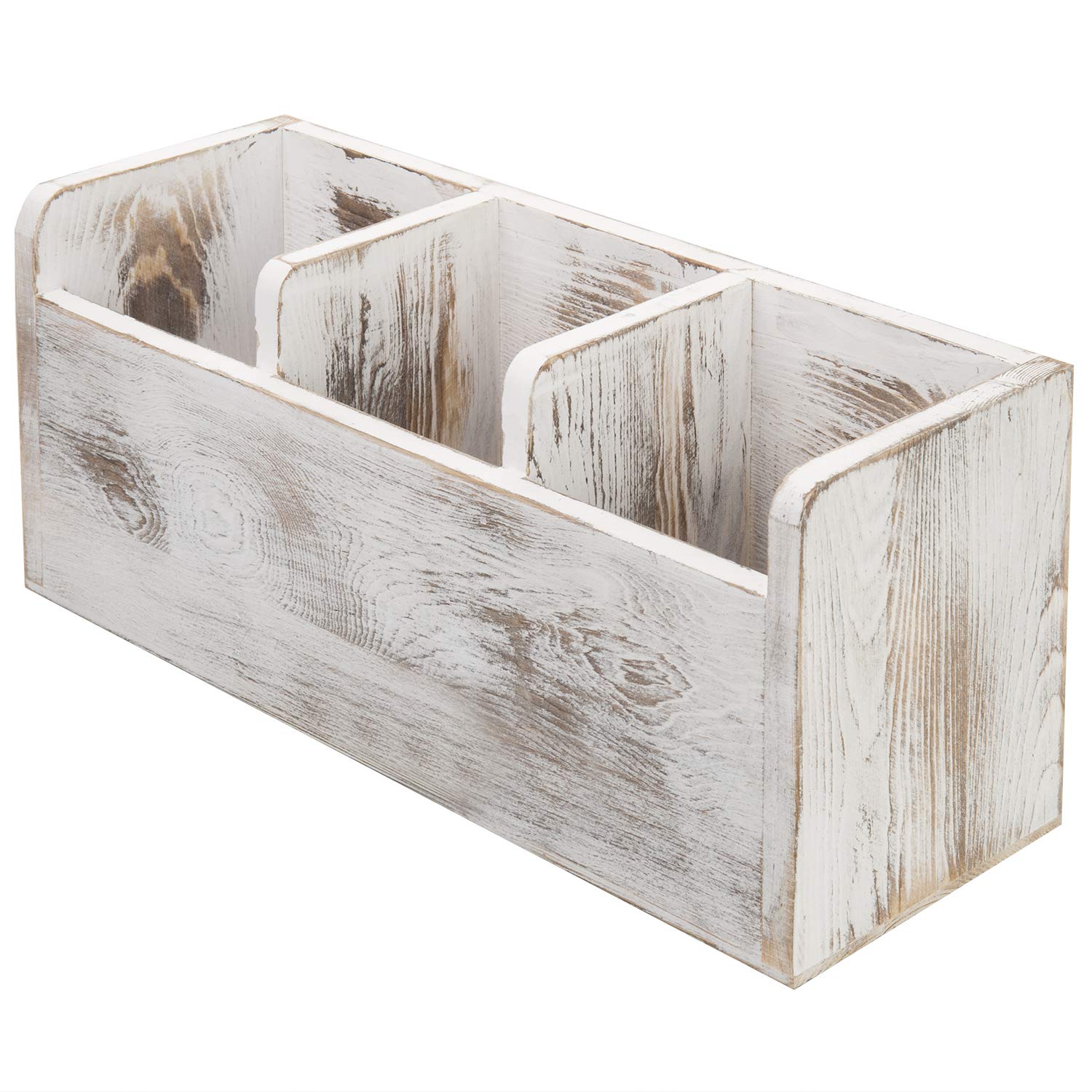 MyGift Whitewashed Wood Utensil Holder, Wooden Silverware Flatware Caddy with 3 Compartments, Countertop Cooking Utensil Storage Crock
