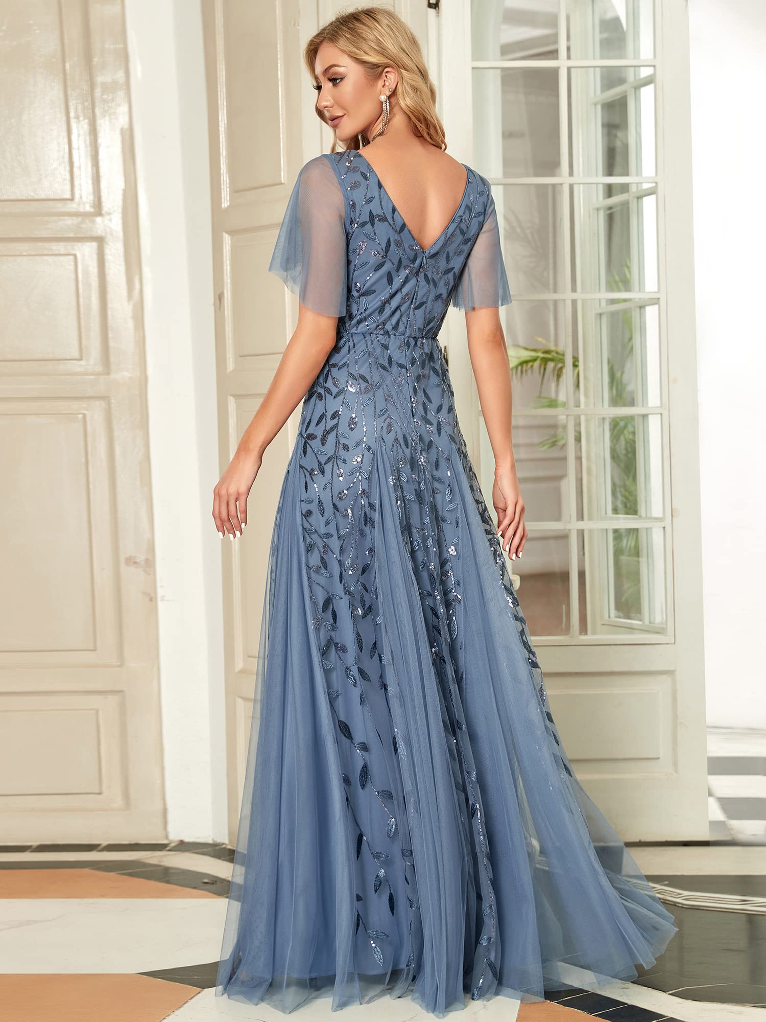 Ever-Pretty Women's Sequin Sparkly V-Neck Short Sleeve Maxi Evening Dress Haze Blue US06