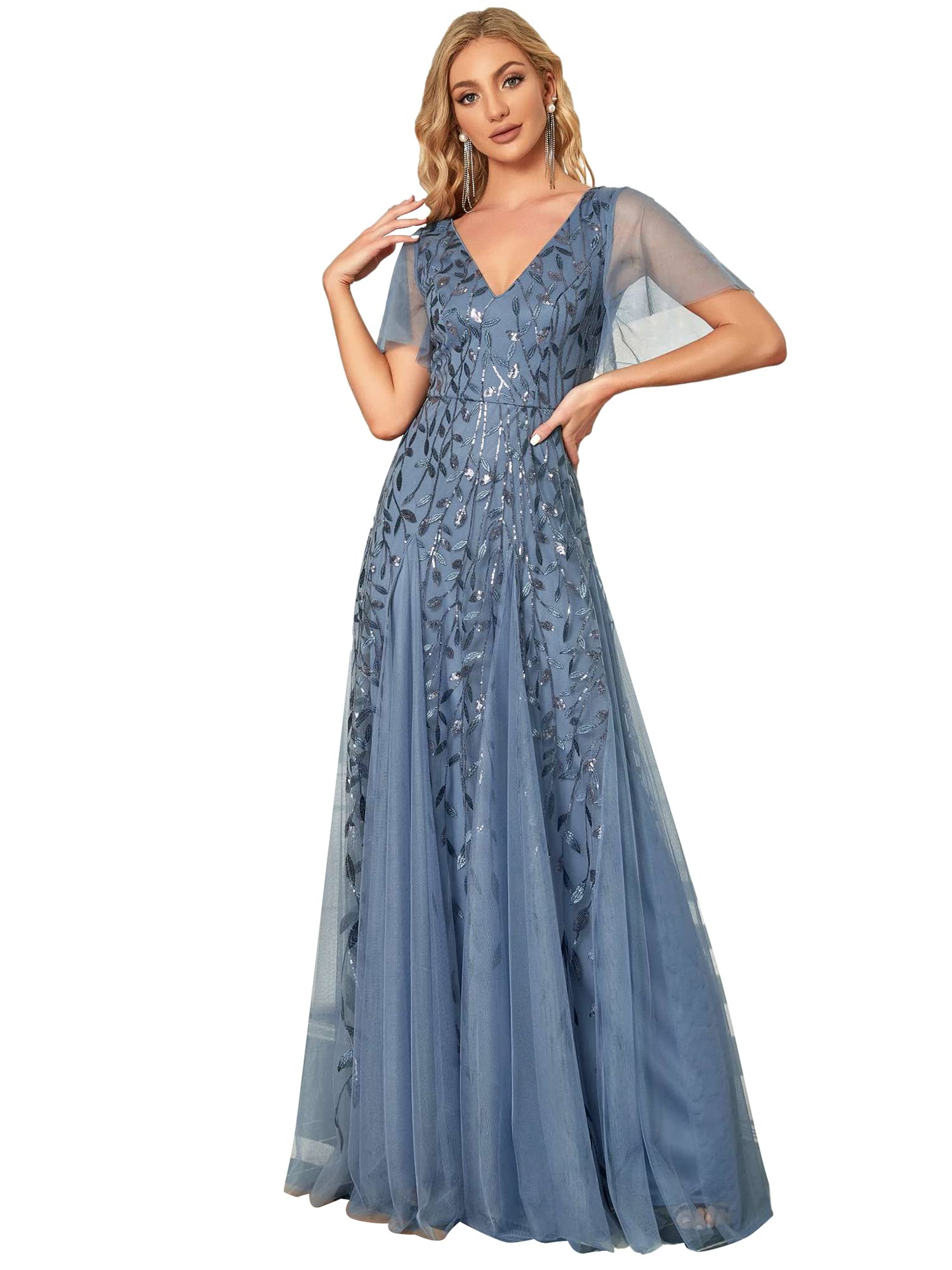 Ever-Pretty Women's Sequin Sparkly V-Neck Short Sleeve Maxi Evening Dress Haze Blue US06